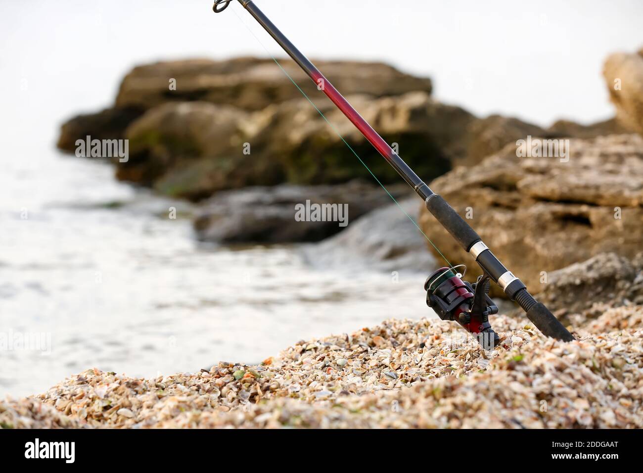 Fishing rod on river bank Stock Photo - Alamy