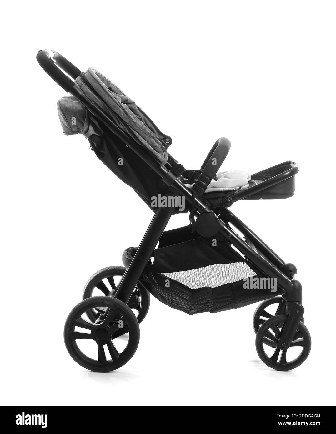 Modern baby stroller on white background Stock Photo - Alamy