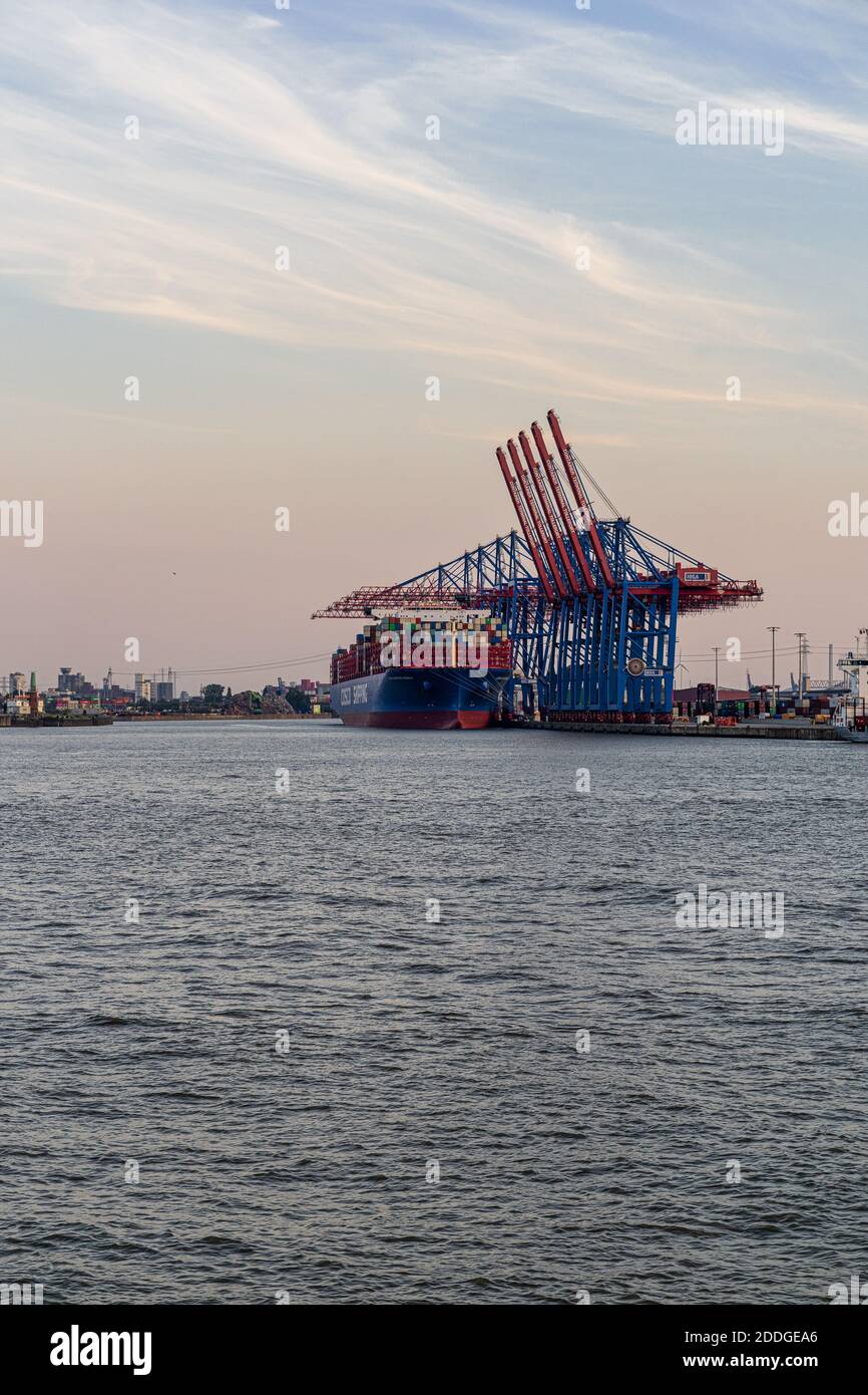 Gorgeous seaside view of the container harbor in Hamburg with cranes ...