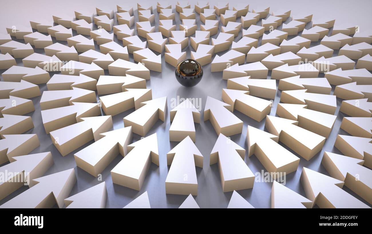 3D rendering of arrows pointing on a sphere isolated on a gray ...