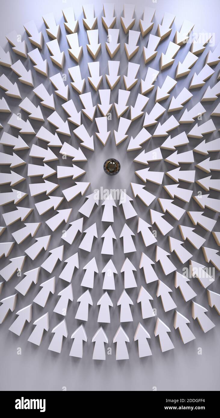 A 3D rendering of arrows pointing on a sphere isolated on a gray ...