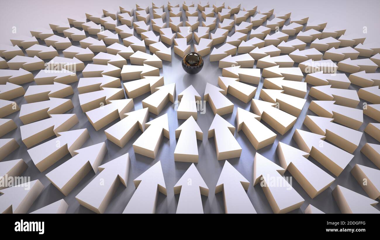 A 3D rendering of arrows pointing on a sphere isolated on a gray ...