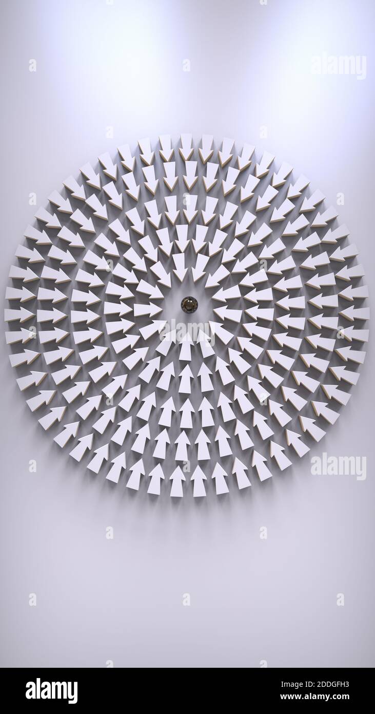 3D rendering of arrows pointing on a sphere isolated on a gray ...