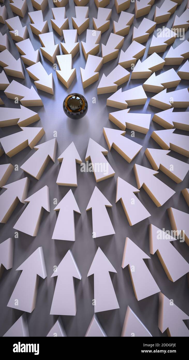 A 3D rendering of arrows pointing on a sphere isolated on a gray ...