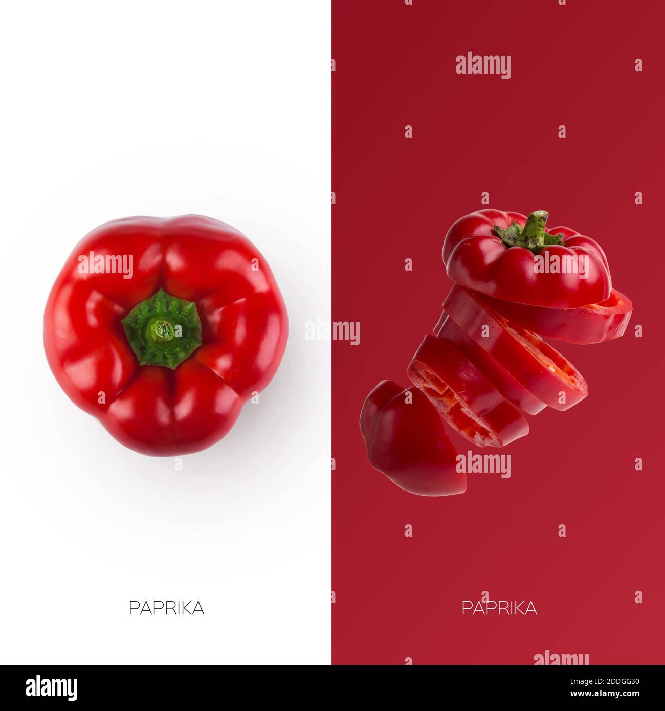 Fresh red paprika bell pepper whole and sliced isolated on contrast ...