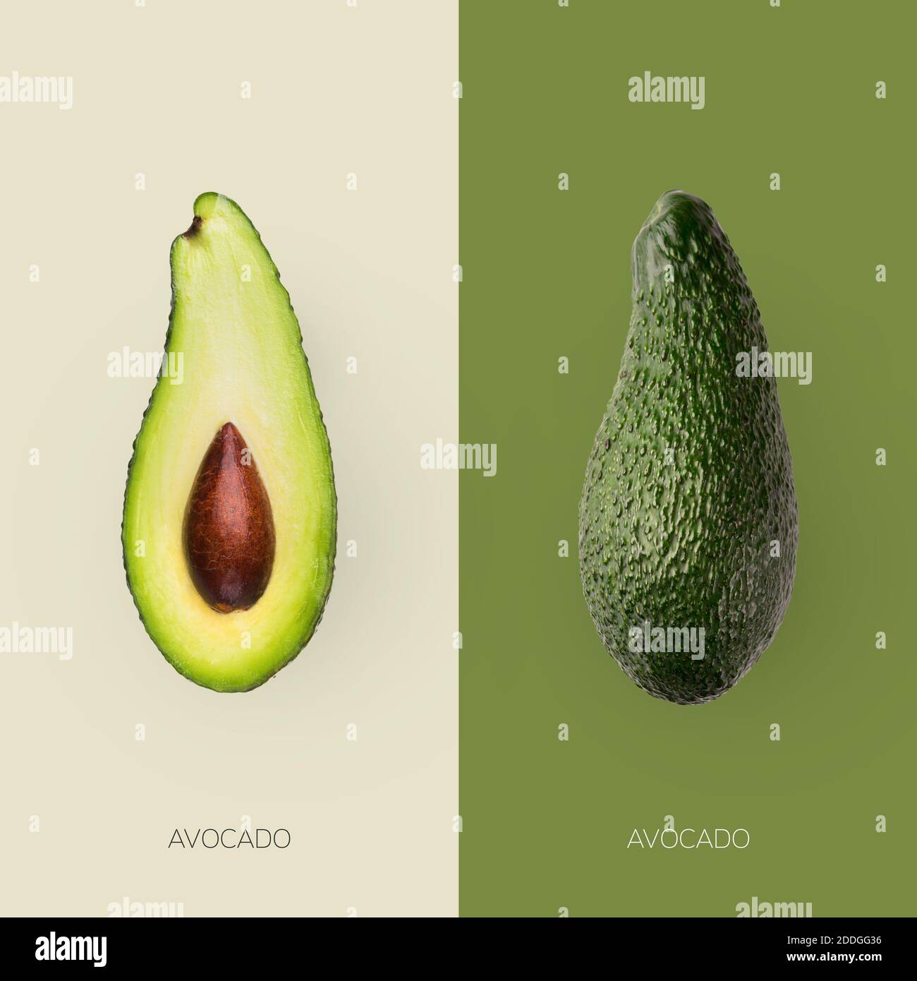 Fresh avocado and it's half with seed stone isolated on contrast ...