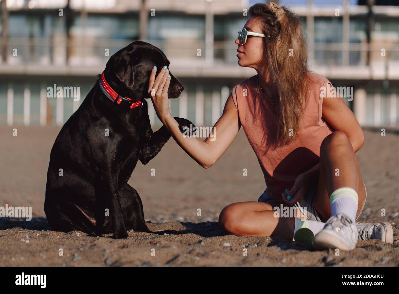 Side view of young female sitting on sandy shore with adorable black ...