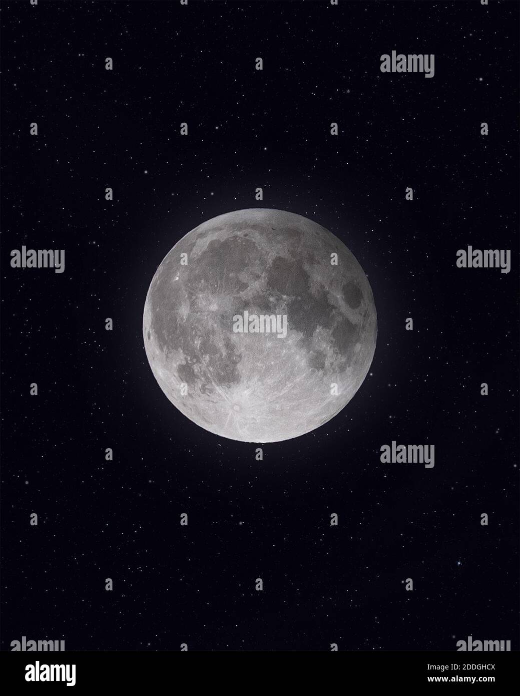 A vertical grayscale of the full moon with stars shining in the ...