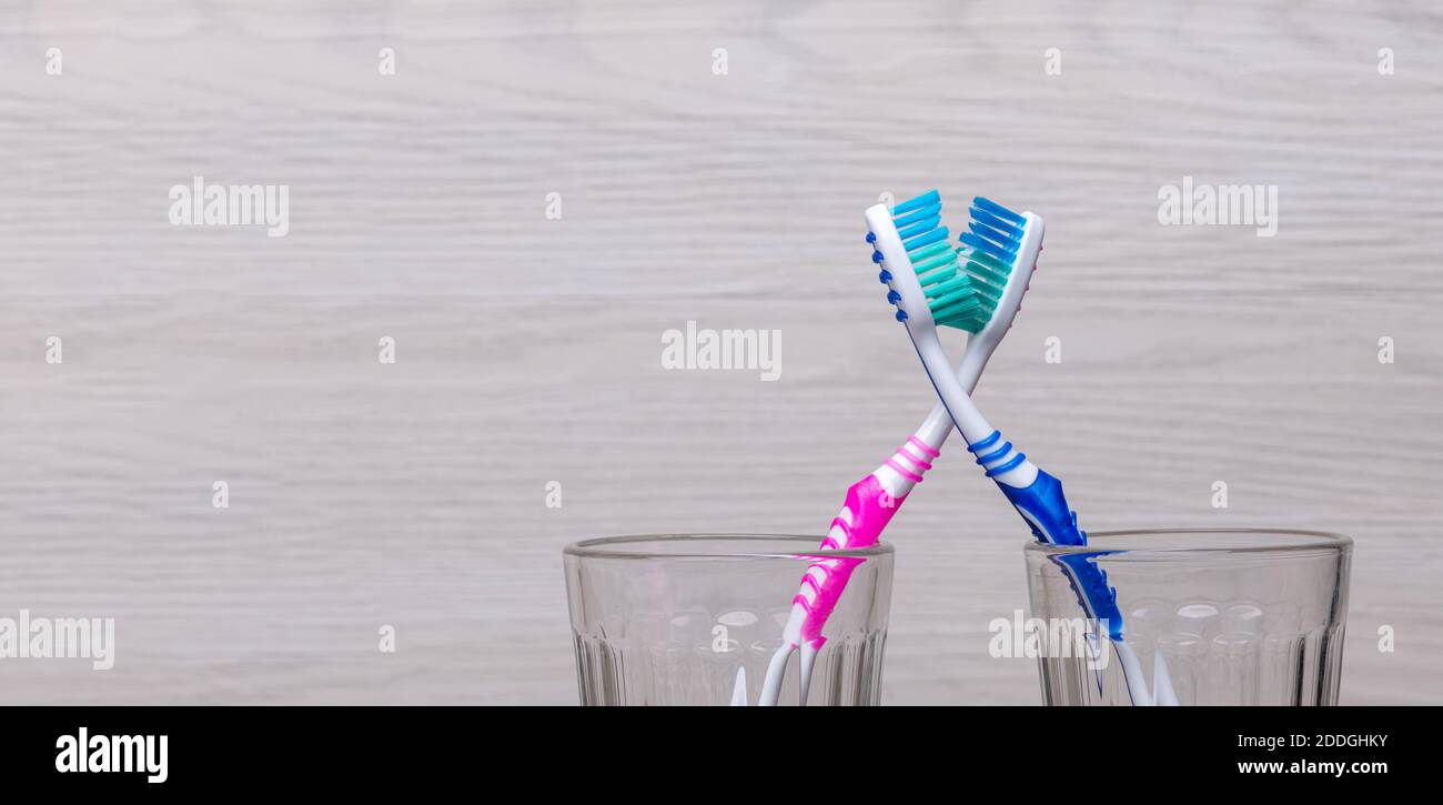 two toothbrushes kissing, relationship concept. Banner design Stock ...