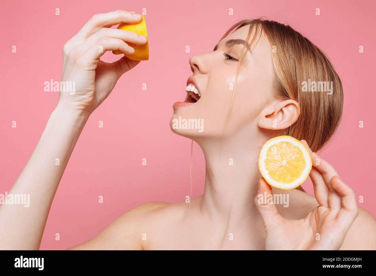 Portrait of a cheerful feminine girl, natural clear skin, girl with two ...