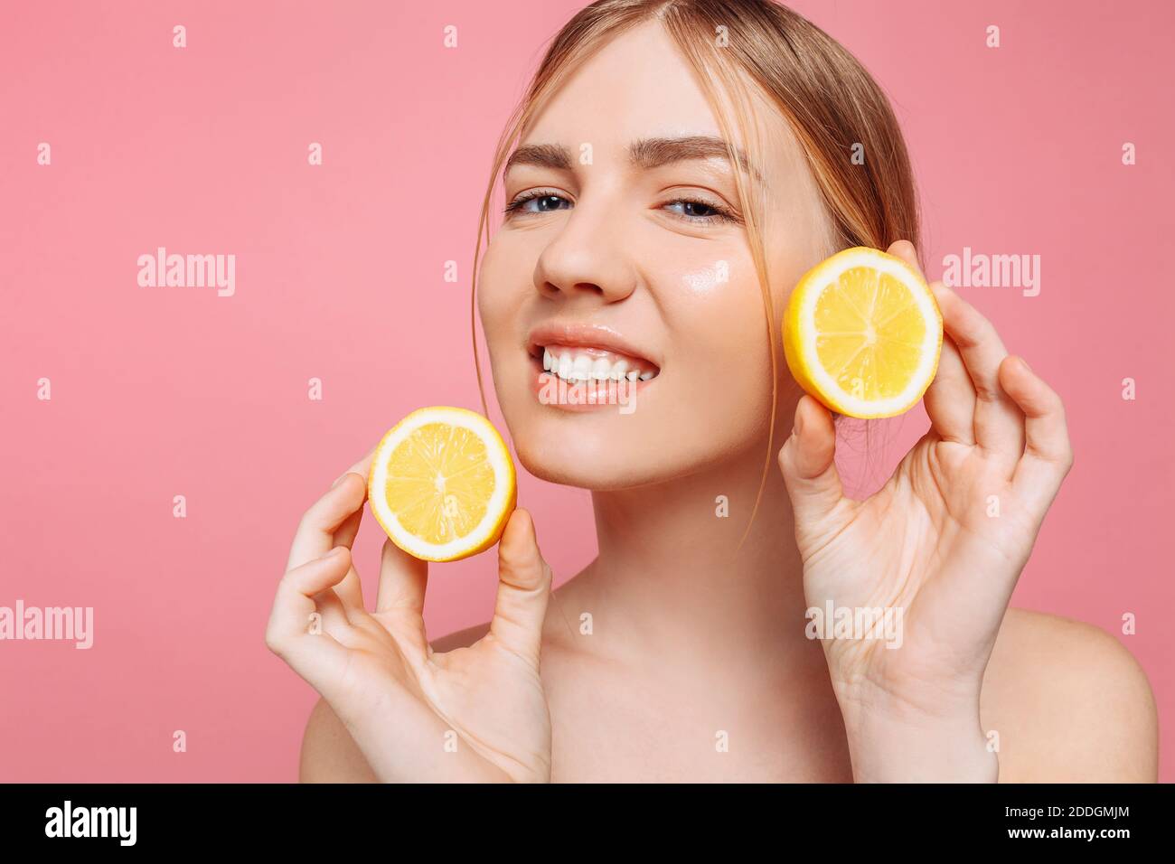 Portrait of a cheerful feminine girl, natural clear skin, girl with two ...