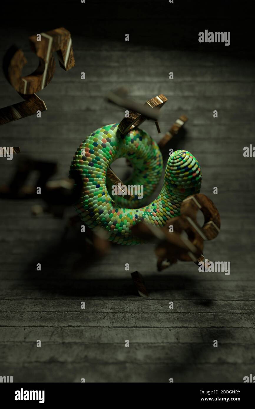 3d illustration of green swirled worm like figure with flying abstract ...