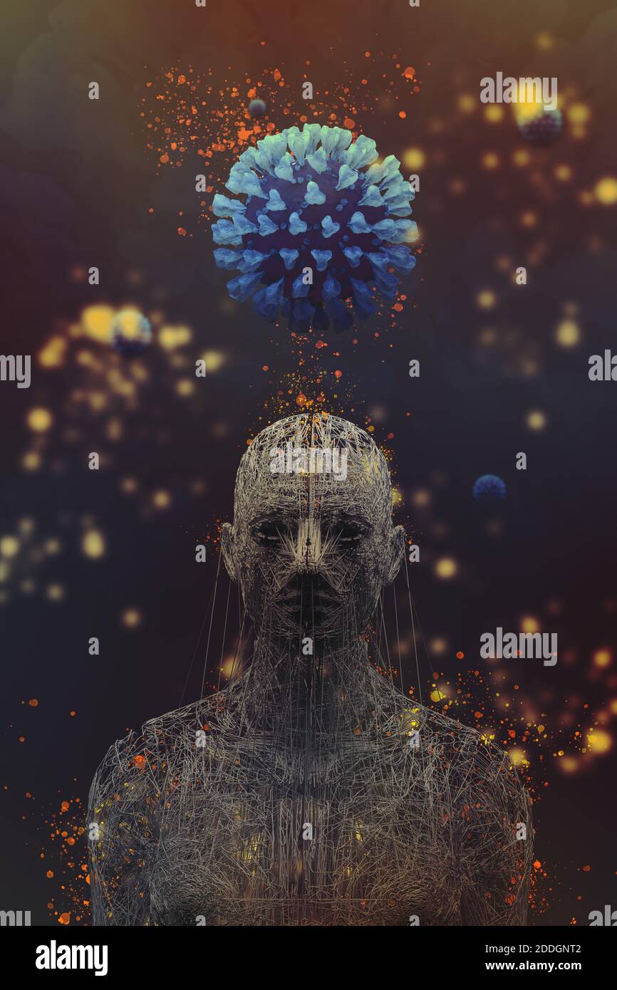 3d visualization of blue virus cell over head of man for health care ...