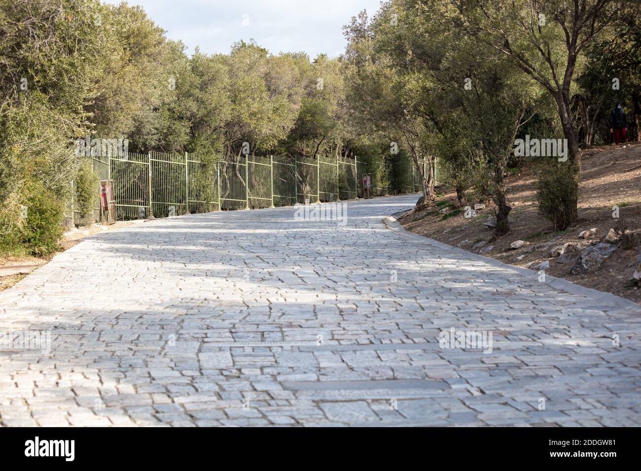 Athens, Greece. Cobblestone pathway to Acropolis. Marble paved street ...