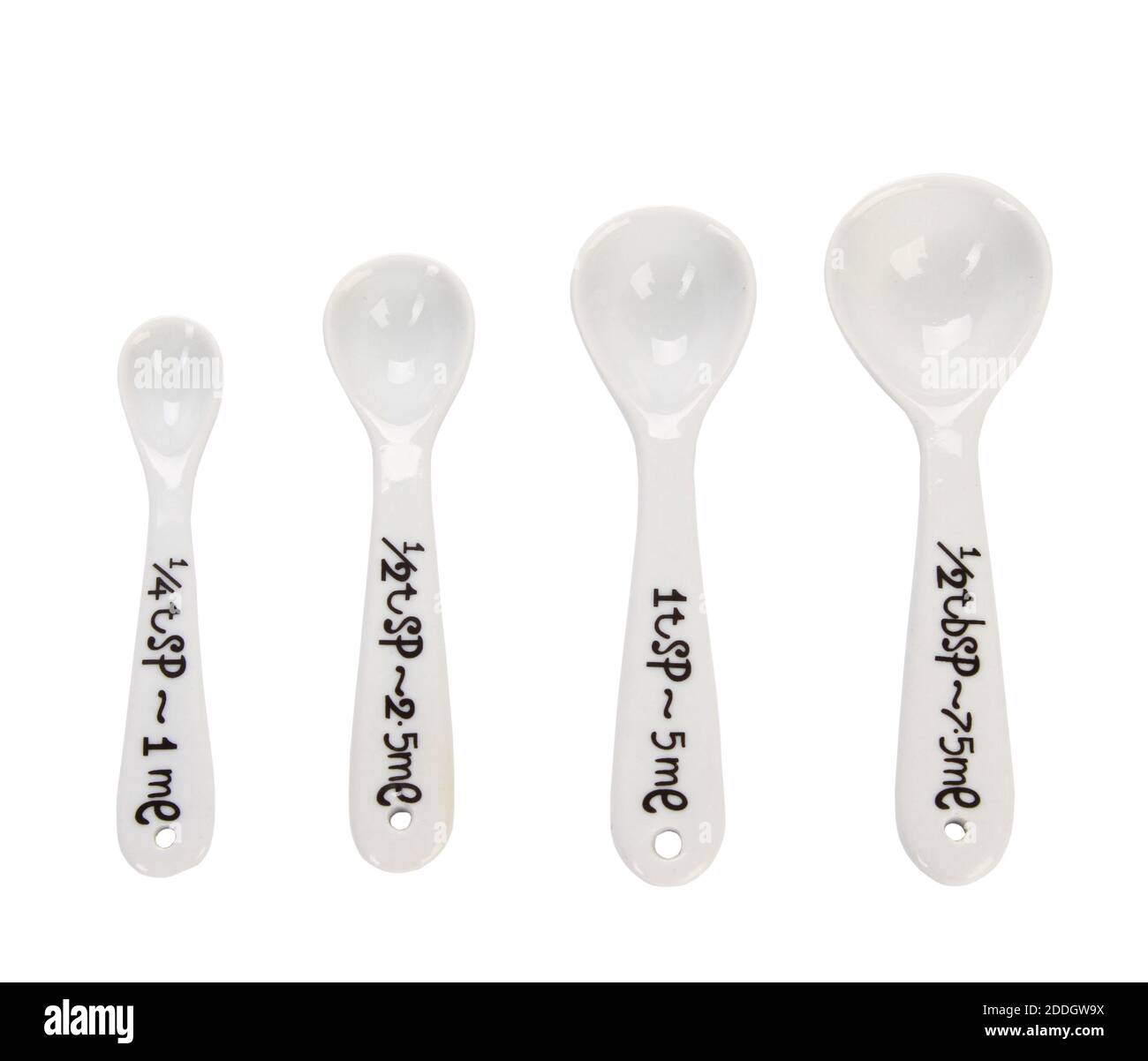 A row of measuring spoons with numbers isolated on a white background ...