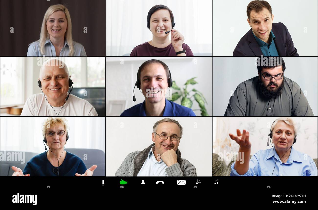 Webcam laptop screen view many faces of diverse people involved in ...