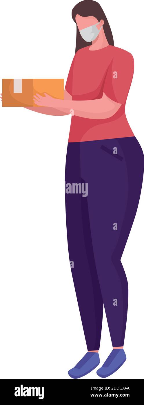 woman wearing medical mask lifting box character Stock Vector Image ...