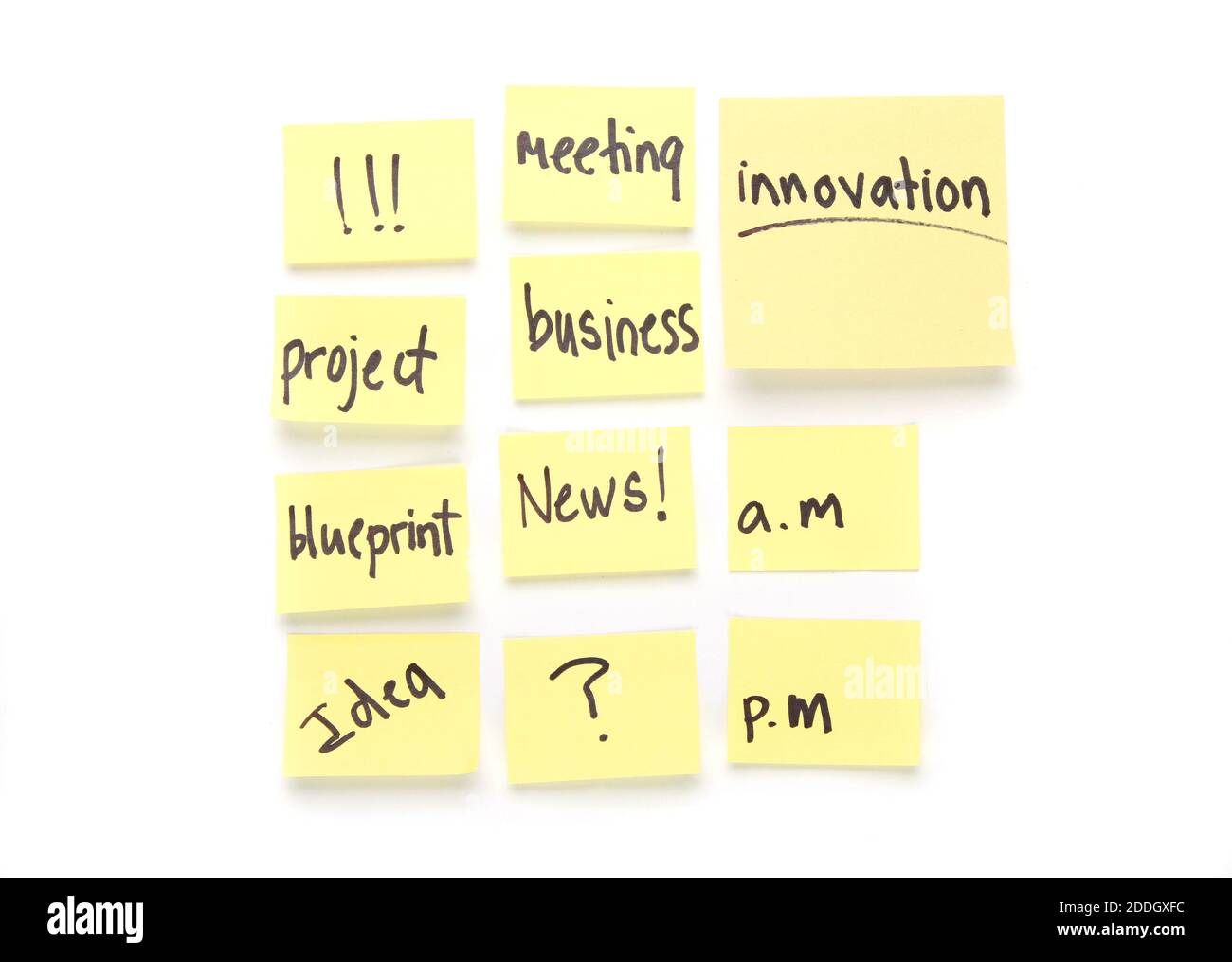 The yellow sticky memo papers with business notes isolated on a white ...