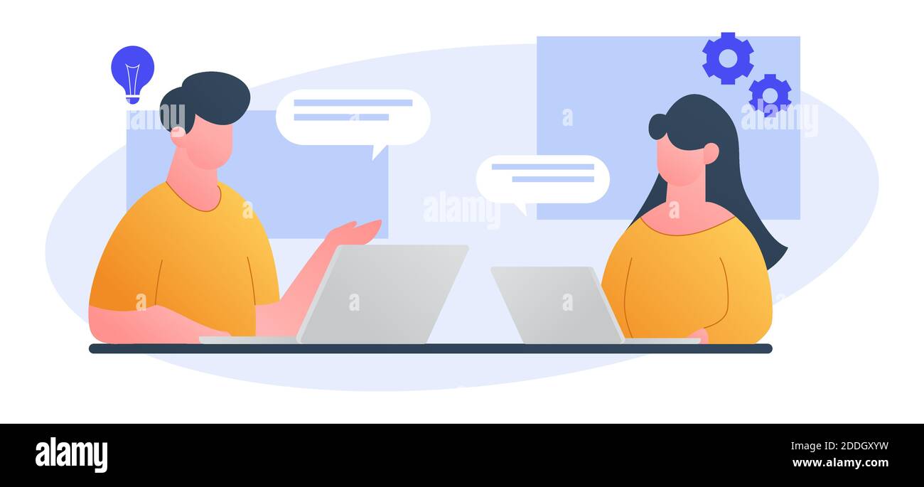 man and woman having conversation with opened laptop, vector ...