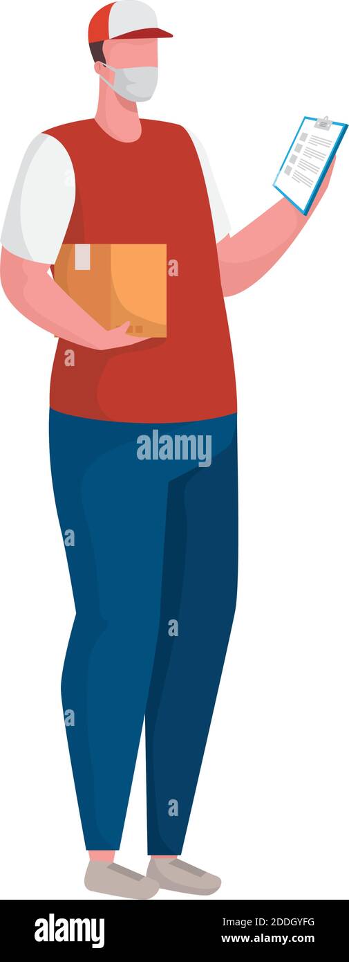 delivery worker wearing medical mask lifting box and checklist Stock ...