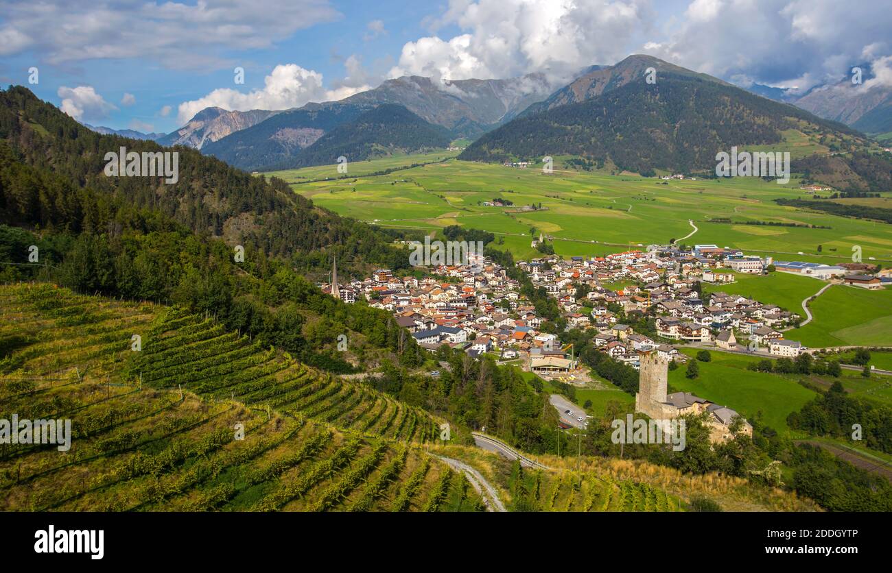 Aerial view of the historic center of Burgusio, Malles, and the Prince ...
