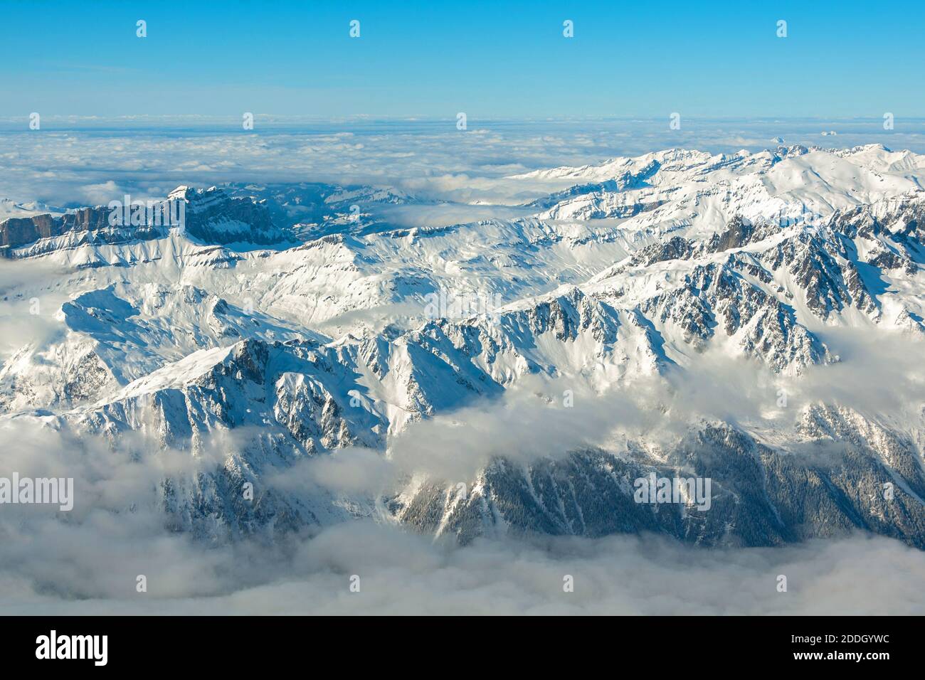 Chamonix, France. Aerial view of Chamonix valley mountains Montblanc in ...