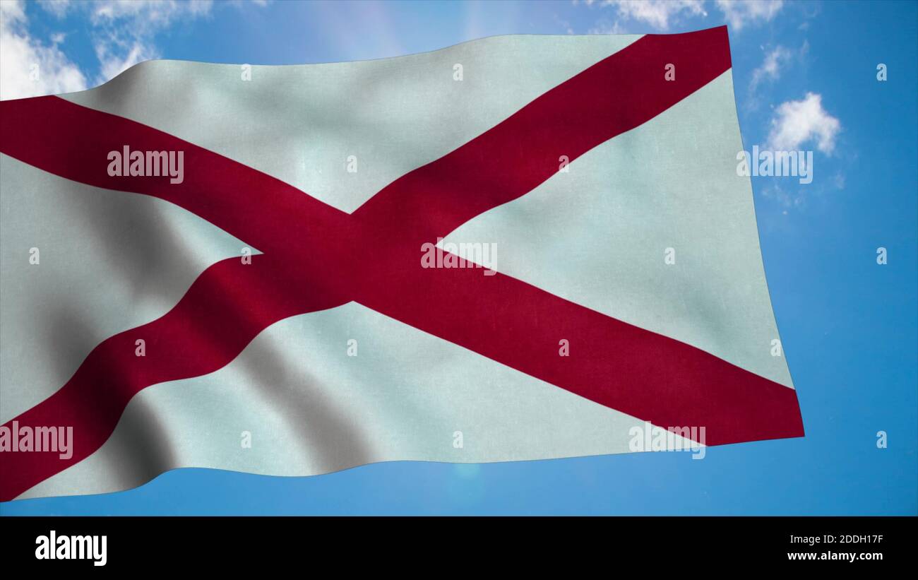 Alabama flag on a flagpole waving in the wind in the sky. 3d rendering ...