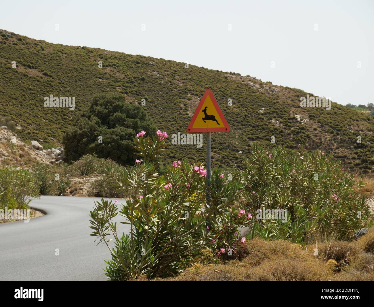 A view of deer crossing sign near the road in Crete, Greece Stock Photo ...