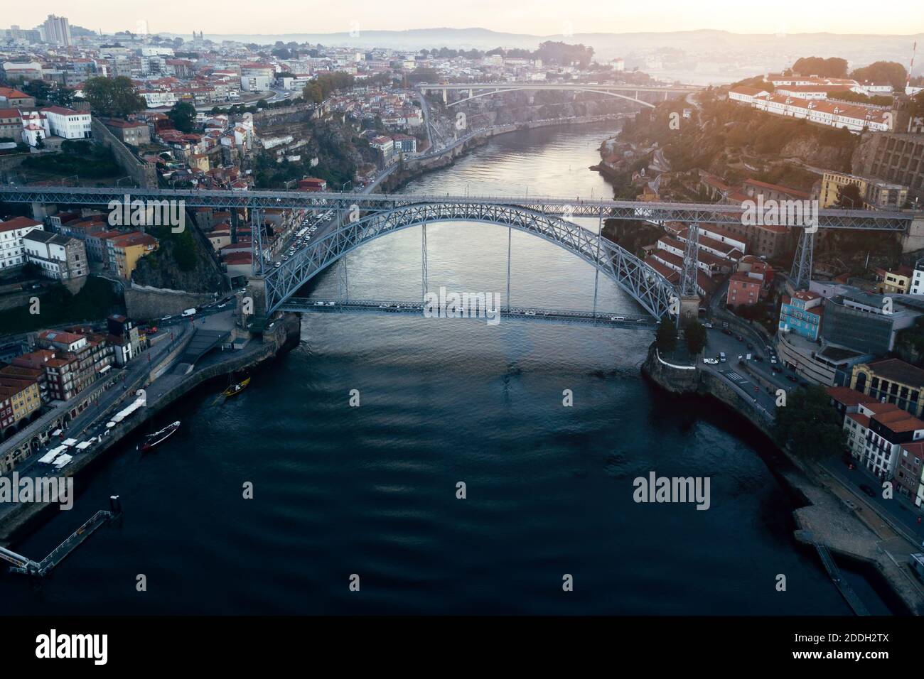 Aerial view of Douro river and Dom Luis I bridge in Porto, Portugal ...
