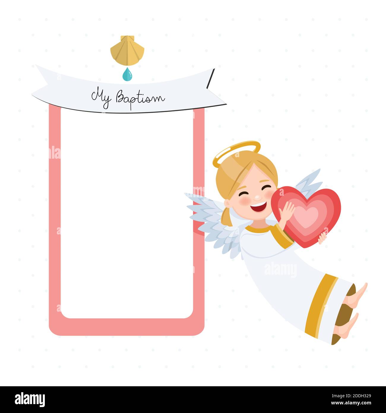 Happy angel with red heart. Baptism invitation with message and white ...