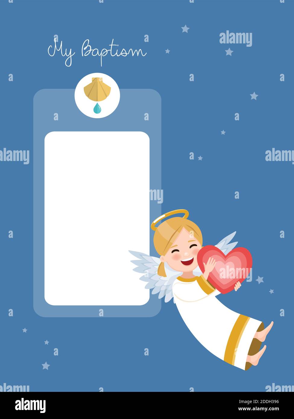 Happy angel with red heart. Baptism invitation with message on blue sky ...