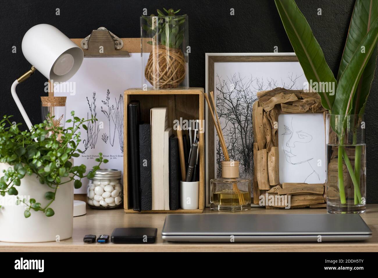A beautiful but cluttered home office desk with natural decor elements ...
