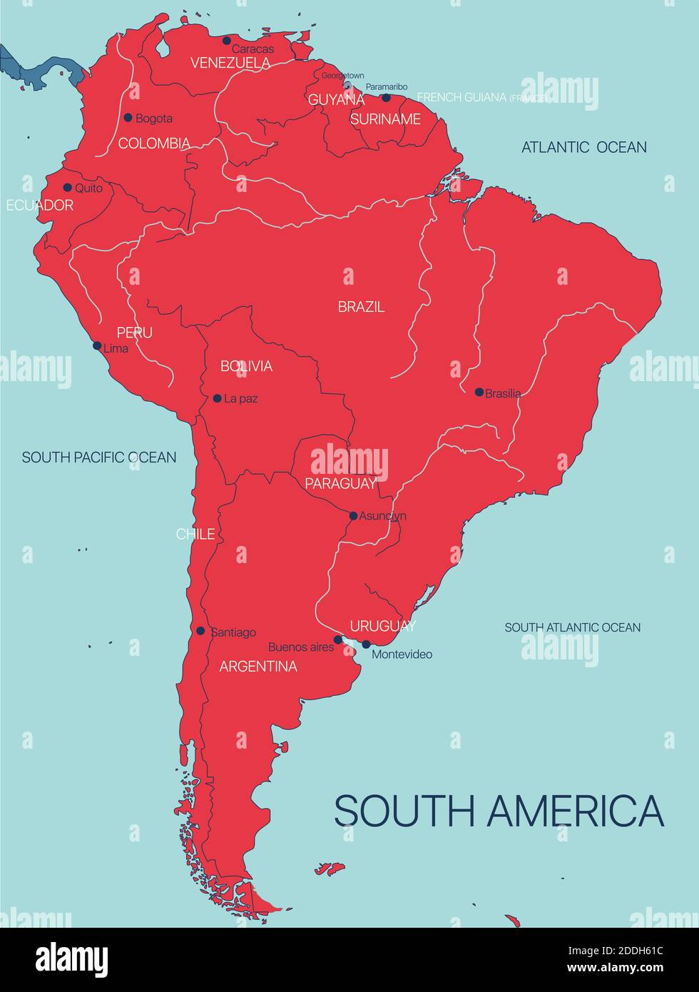 South America continent vector map with countries. Vector editable ...