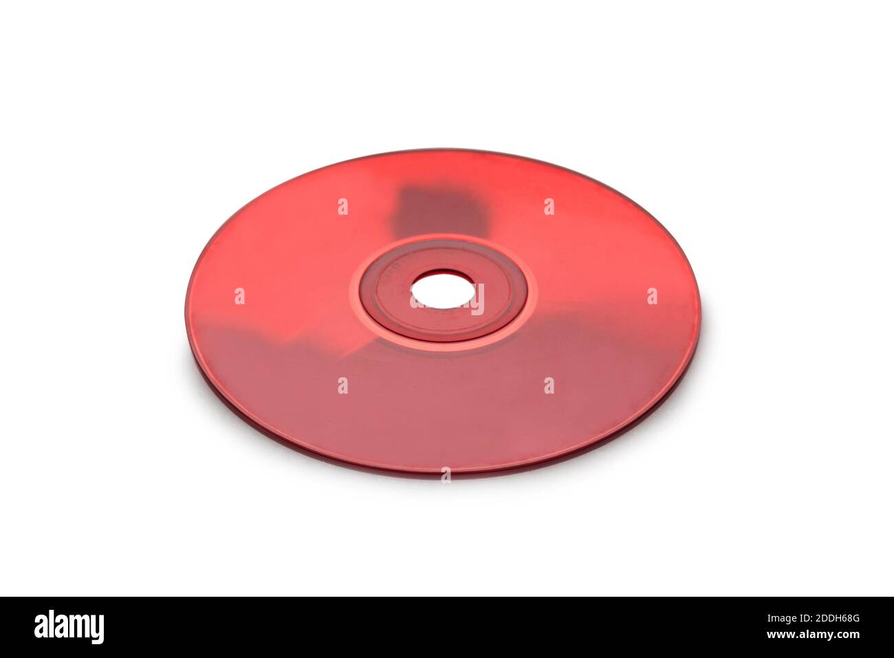CD or DVD disk isolated on white background. Red flat disc, side view ...