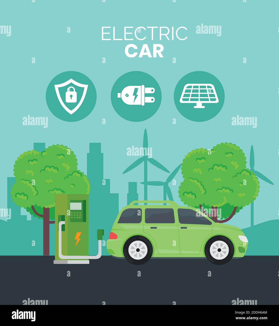 electric car ecology alternative in chargin station and trees Stock ...