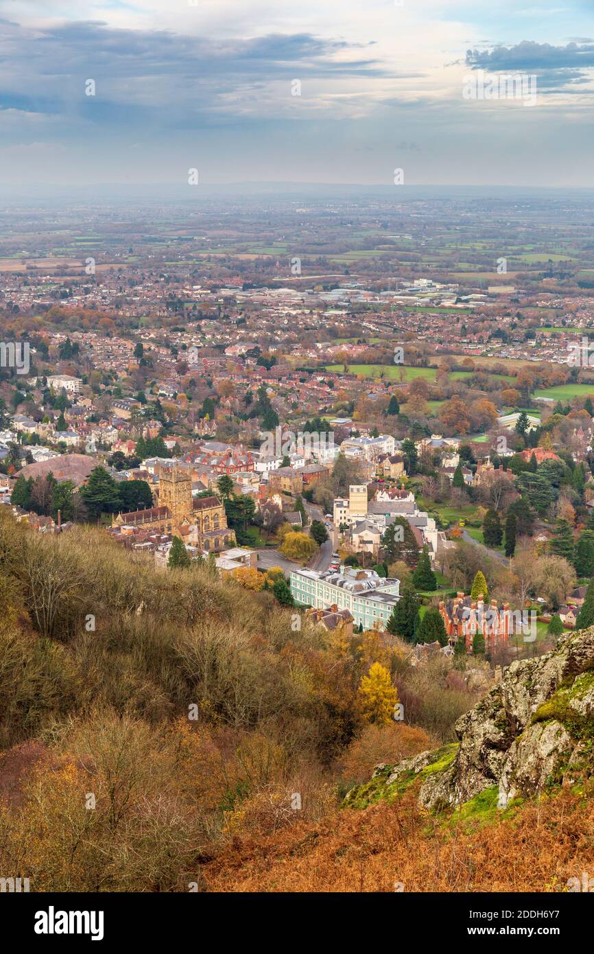 An autumn view of Great Malvern from the Malvern Hills across granite ...