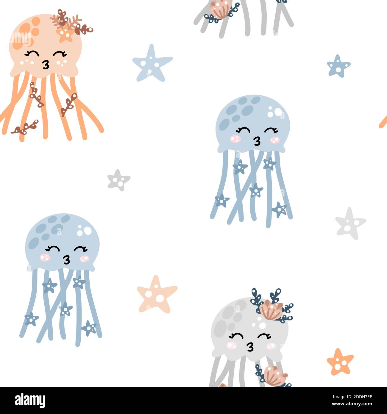 Cute nursery seamless pattern with colorful jellyfishes with stars and ...