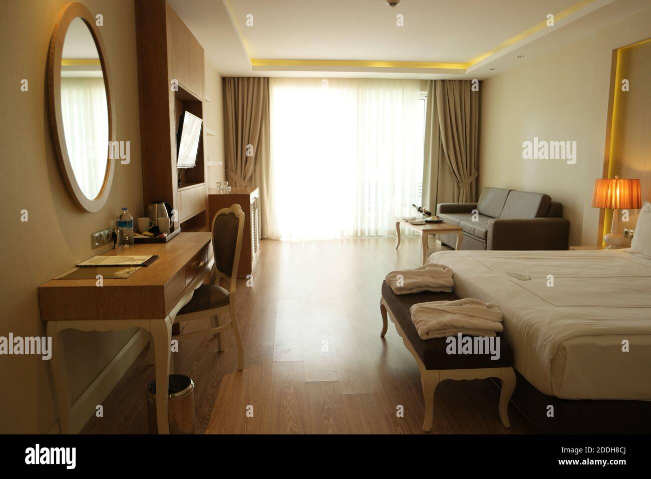Hotel bedroom interior in the morning. Interior of modern comfortable ...