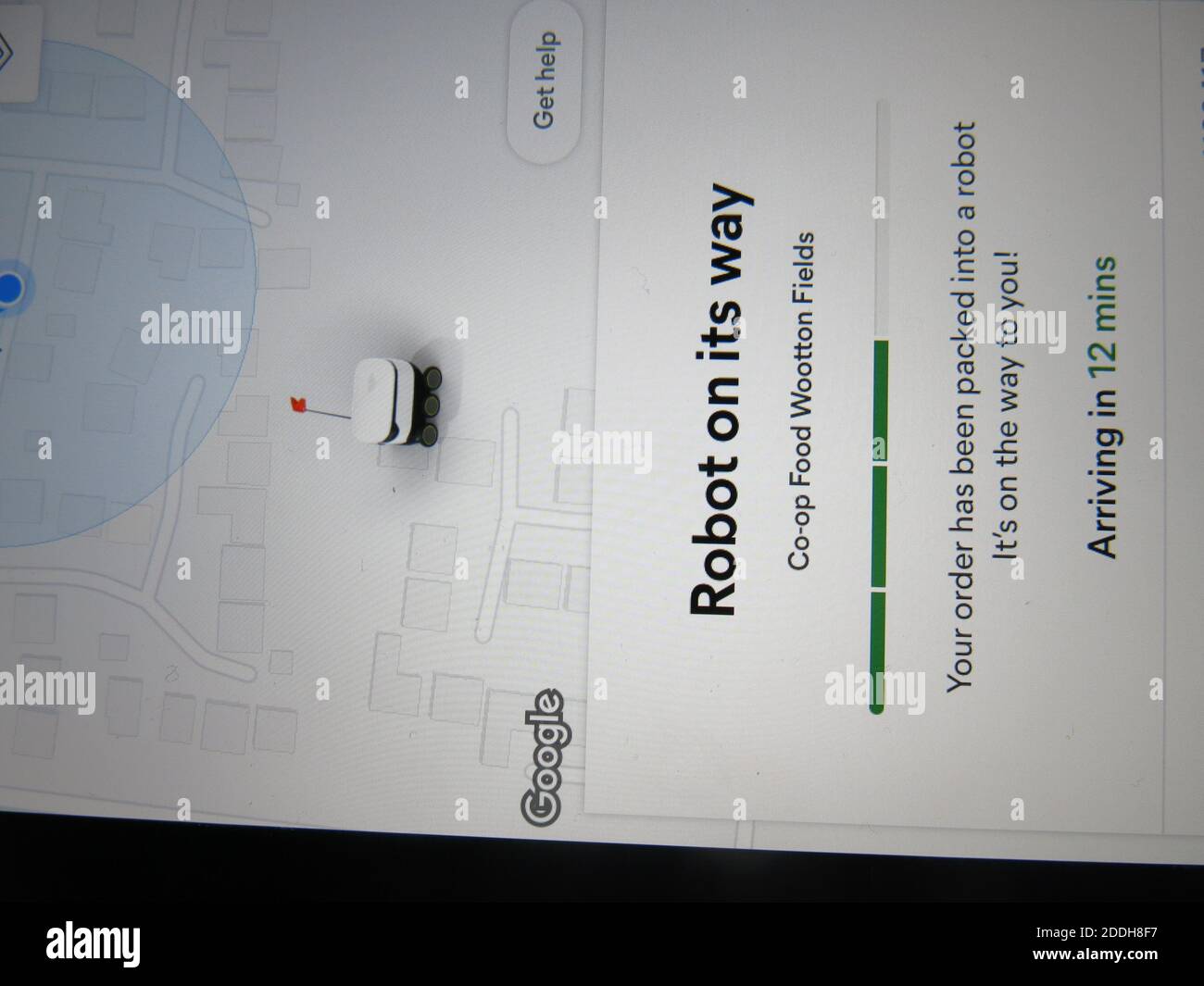 Screenshot of the App to say "Robot on its way", estimated arrival time ...