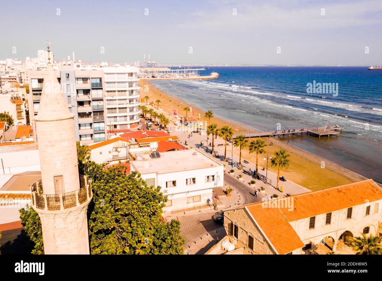 An aerial shot of the buildings on the coast, in Larnaca, Cyprus ...