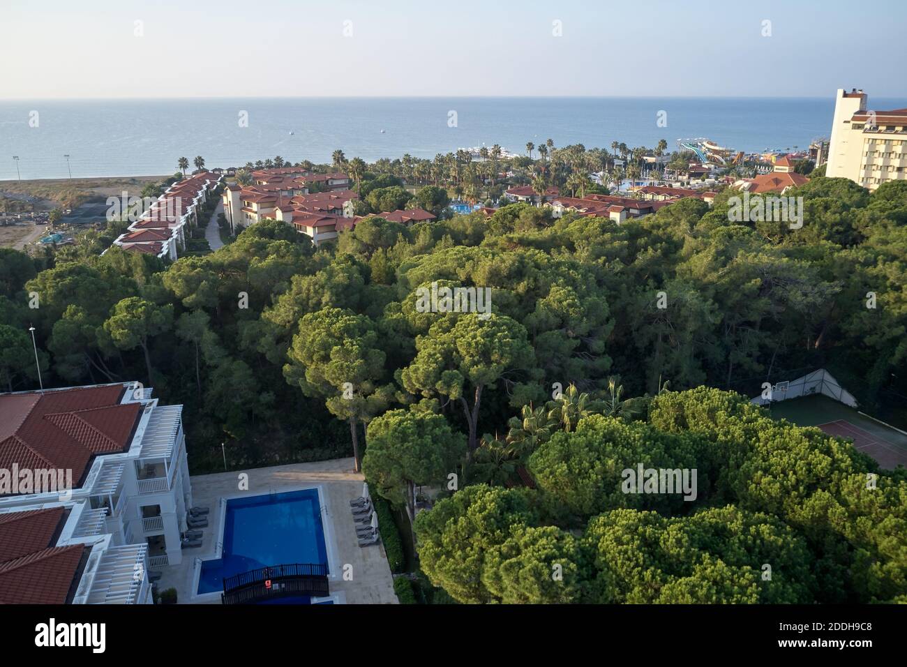 Aerial view of a beautiful hotel on the sea. Top view of seaside resort ...