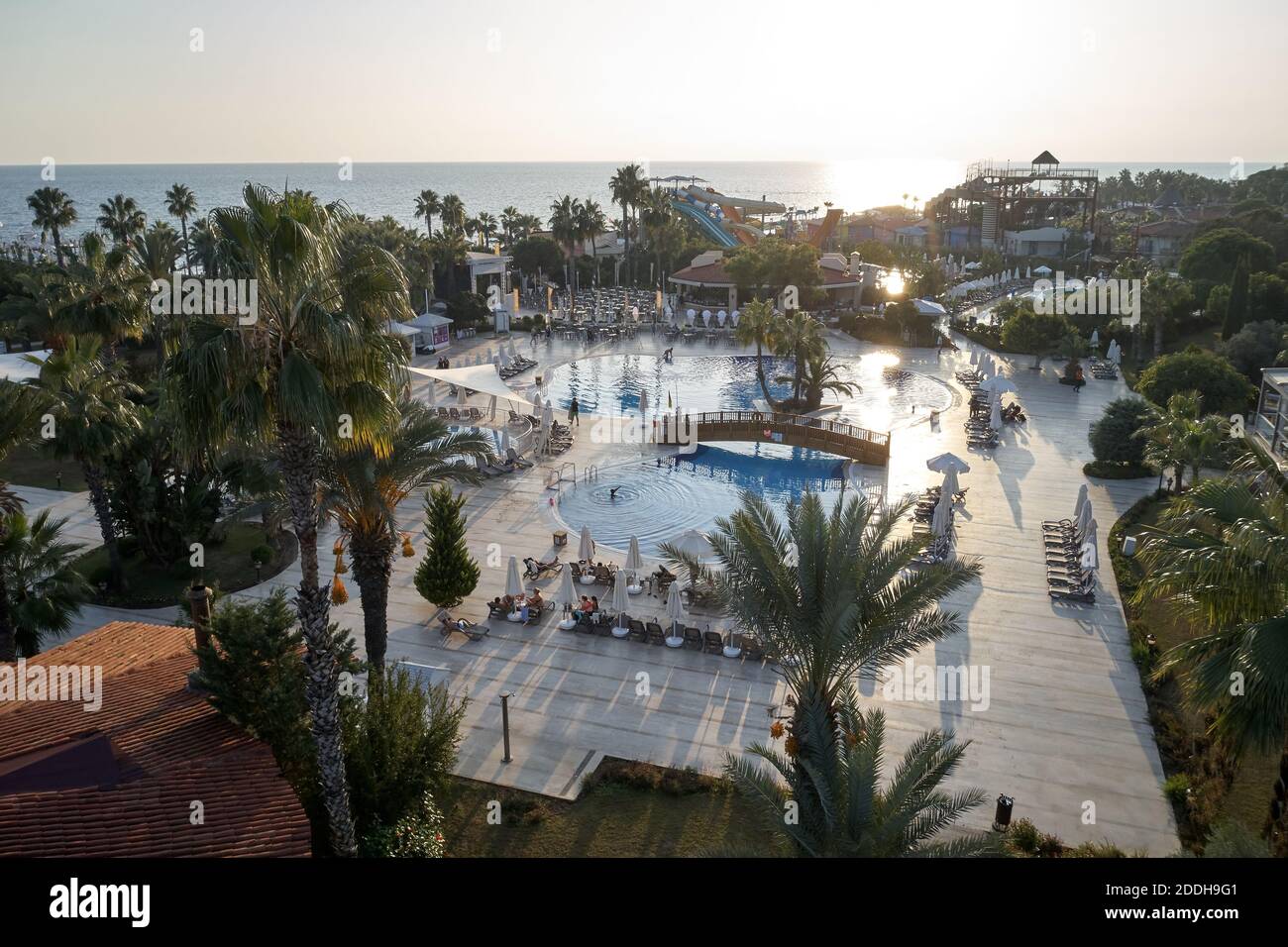 Scenic view of tropical resort in Turkey. Top view swimming pools of ...