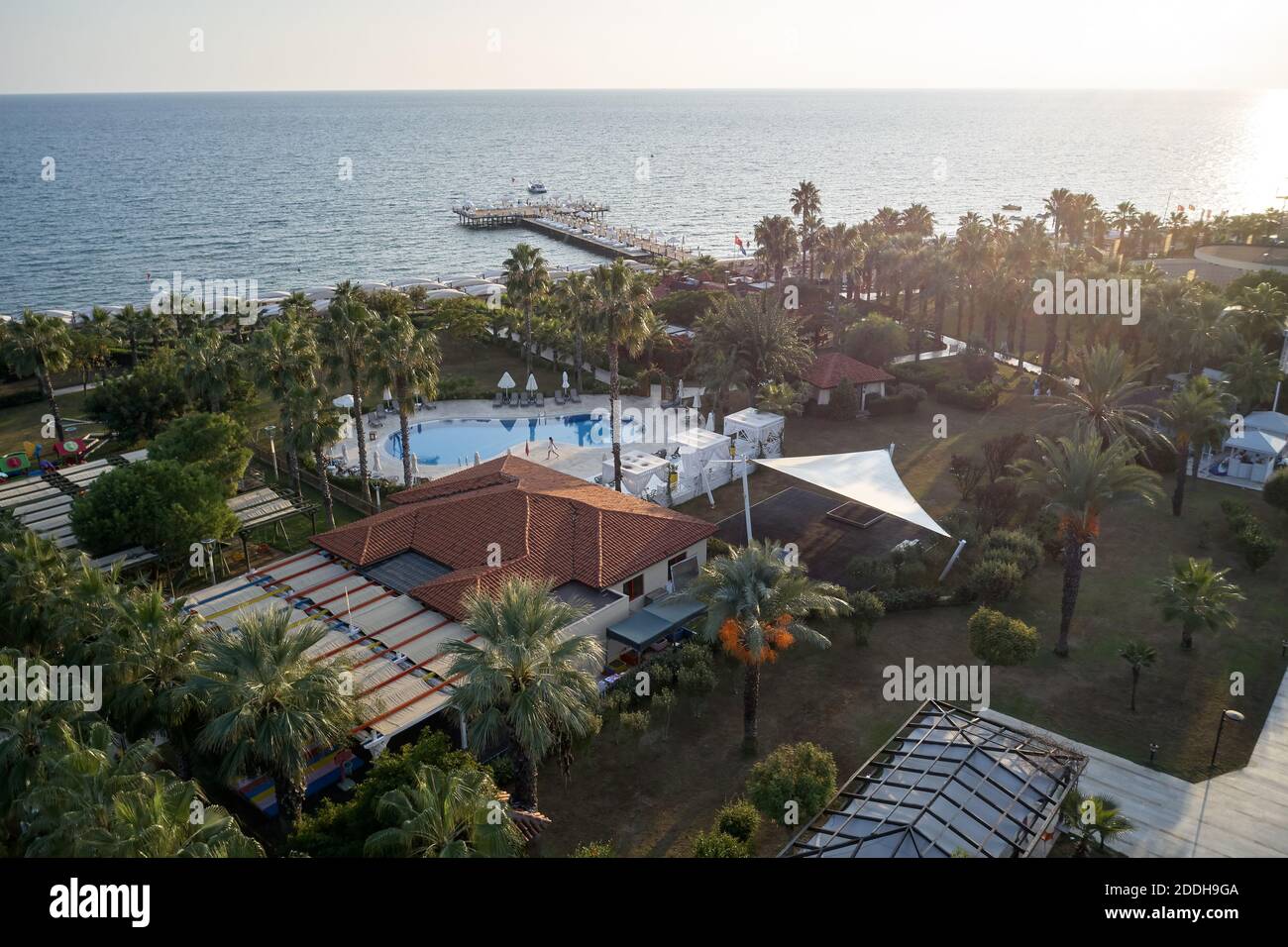 Turkish resort nature landscape. Scenic view of sea and swimming pool ...