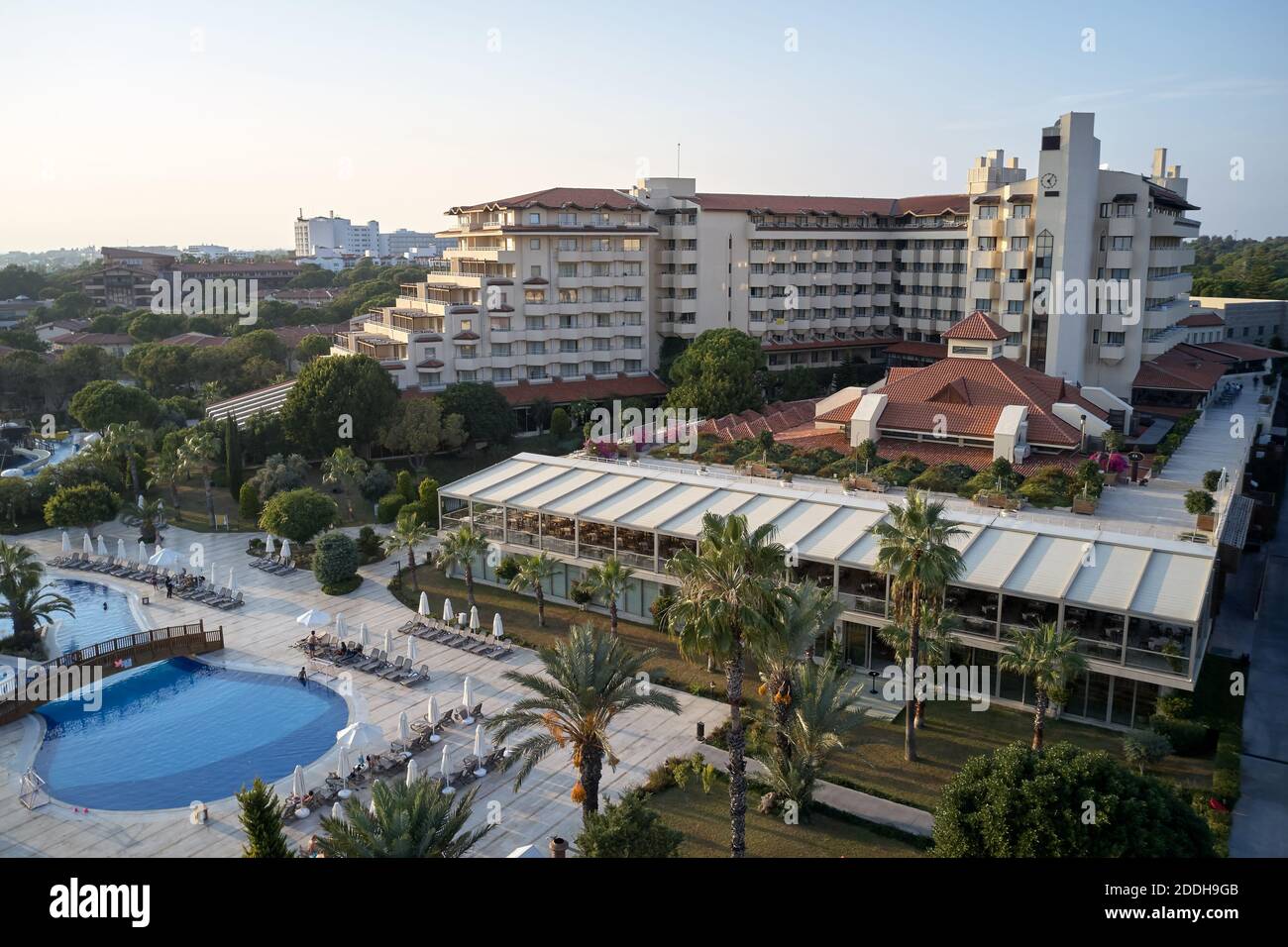 Panoramic aerial view of resort hotel on Mediterranean coastline ...