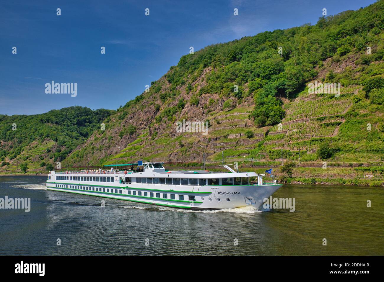 A typical long cruise boat on the River Rhine in Germany passing green ...