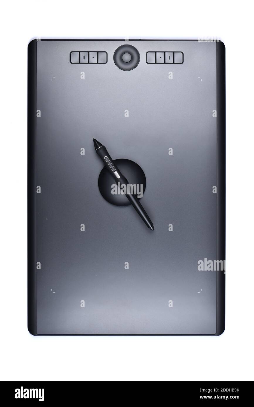 Top view professional graphics tablet with digitized pen. Isolated on ...