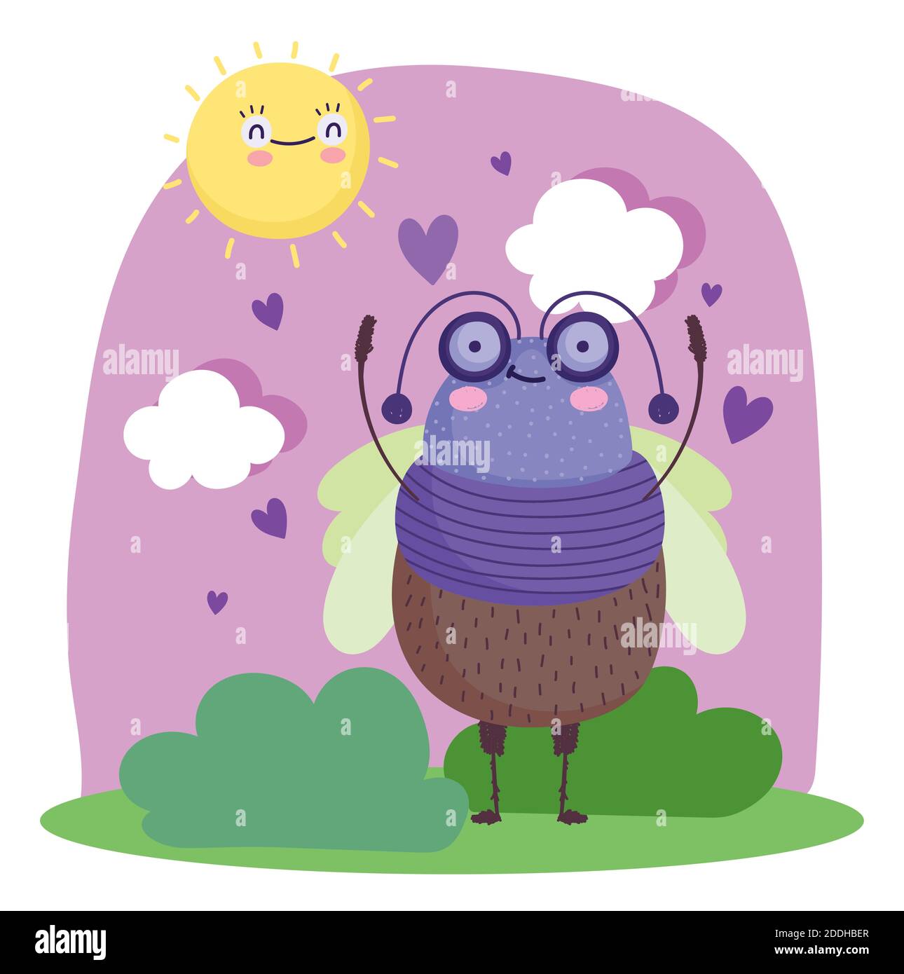 funny bug in the grass sun clouds cartoon design vector illustration ...