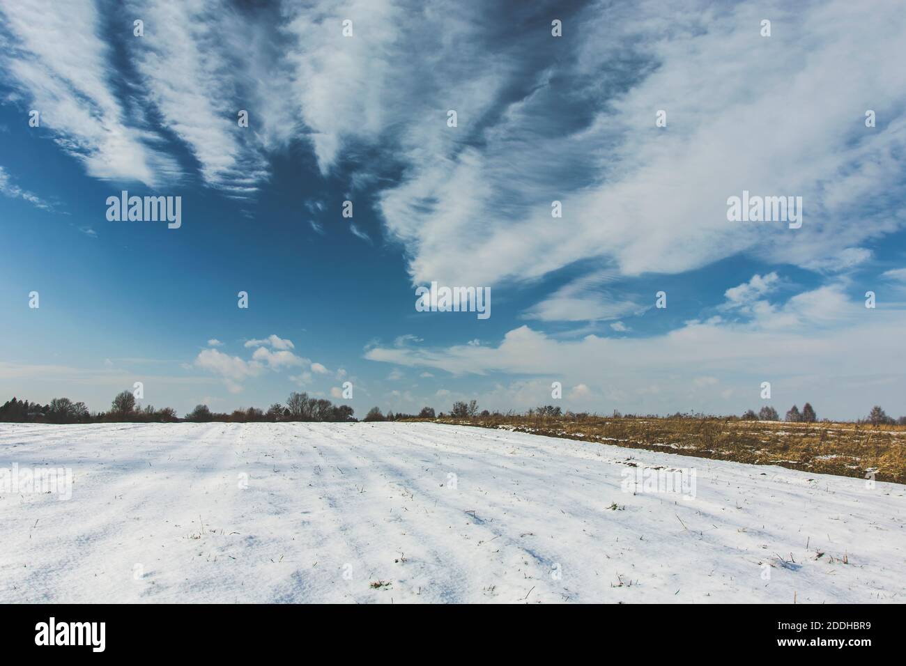 Snow on the field and fancy white clouds on the sky, winter view Stock ...