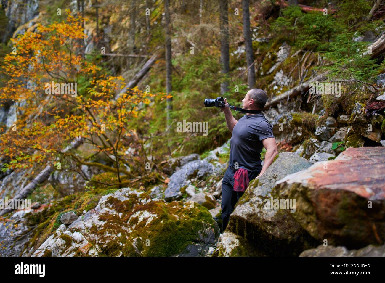 Professional nature photographer in a picturesque environment, with ...