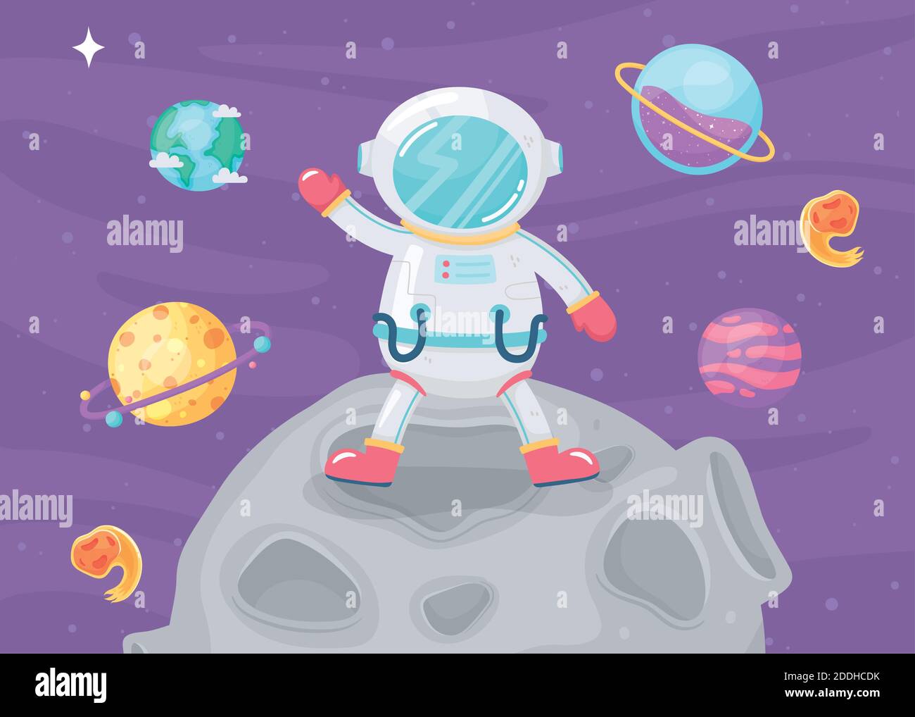 space adventure cartoon astronaut standing in moon vector illustration ...